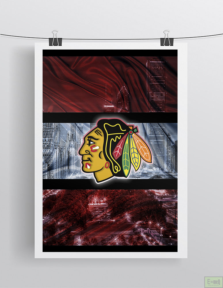 Chicago Blackhawks Hockey In front of Chicago Skyline Poster, Chicago ...