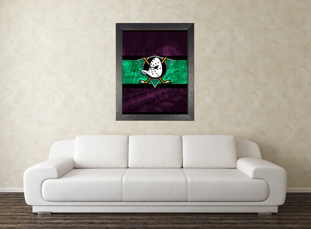 Anaheim Ducks Hockey Poster, Anaheim Mighty Ducks Retro Logo in front ...