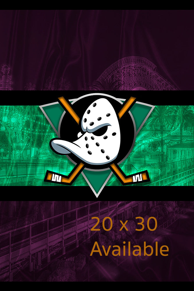 Anaheim Ducks Hockey Poster, Anaheim Mighty Ducks Retro Logo in front ...