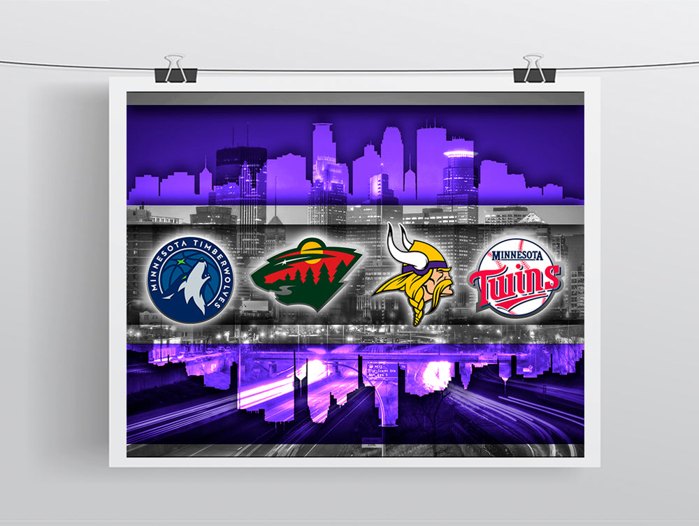 Minnesota Sports Poster, Minnesota Vikings, Twins, Timberwolves, Wild ...